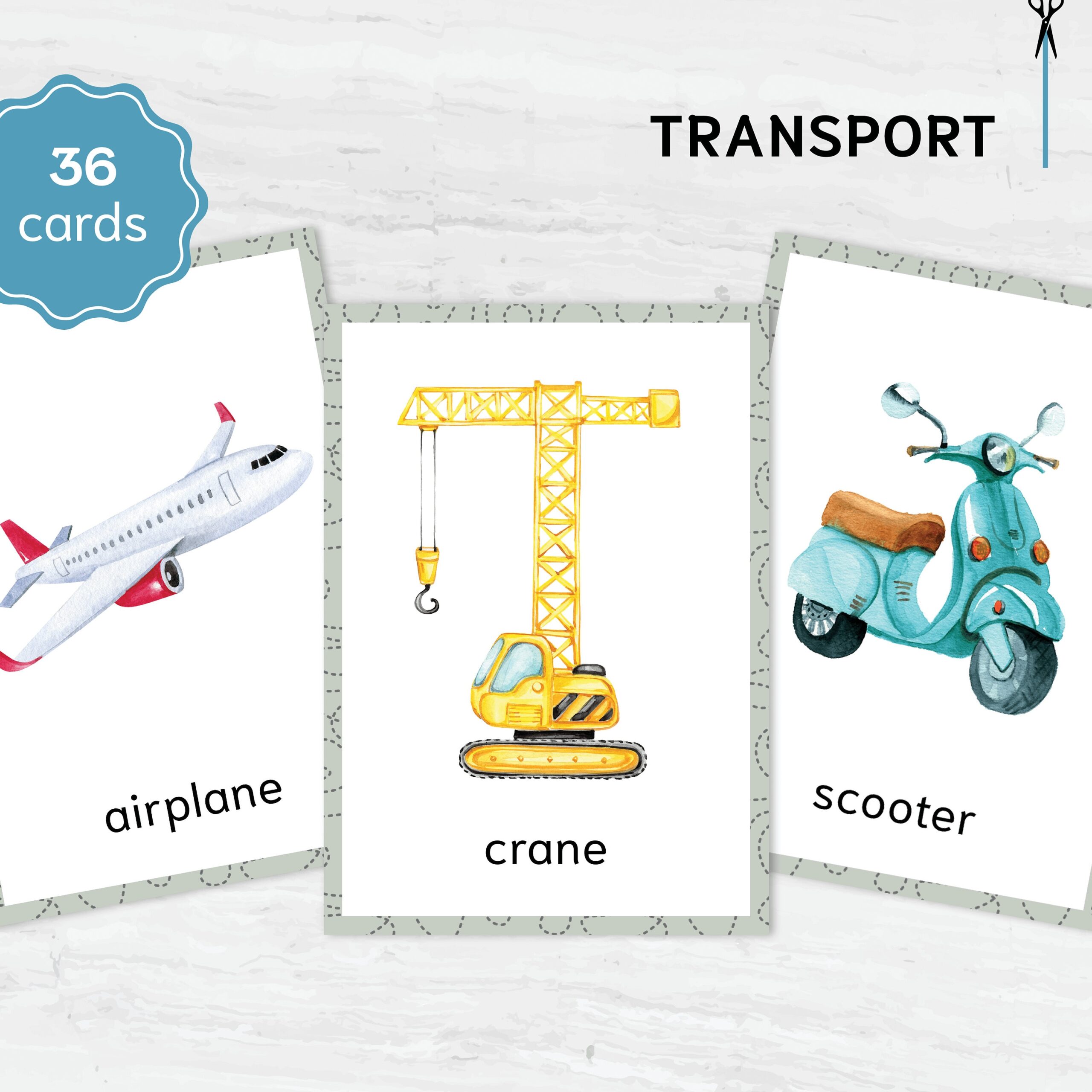 Printable Transport Flashcards Montessori Learning – Watercolor 3 Part ...