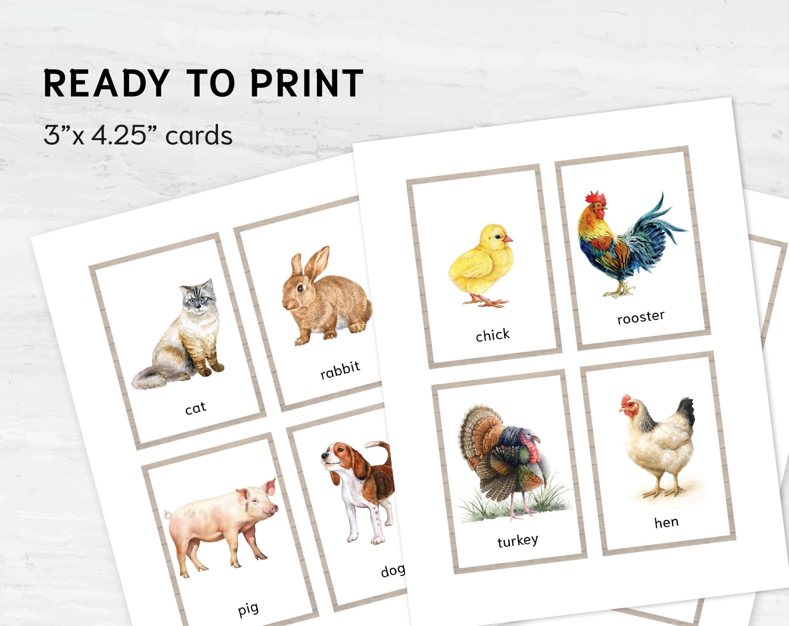 Watercolor Farm Animal Flashcards. Printable Montessori Material with ...