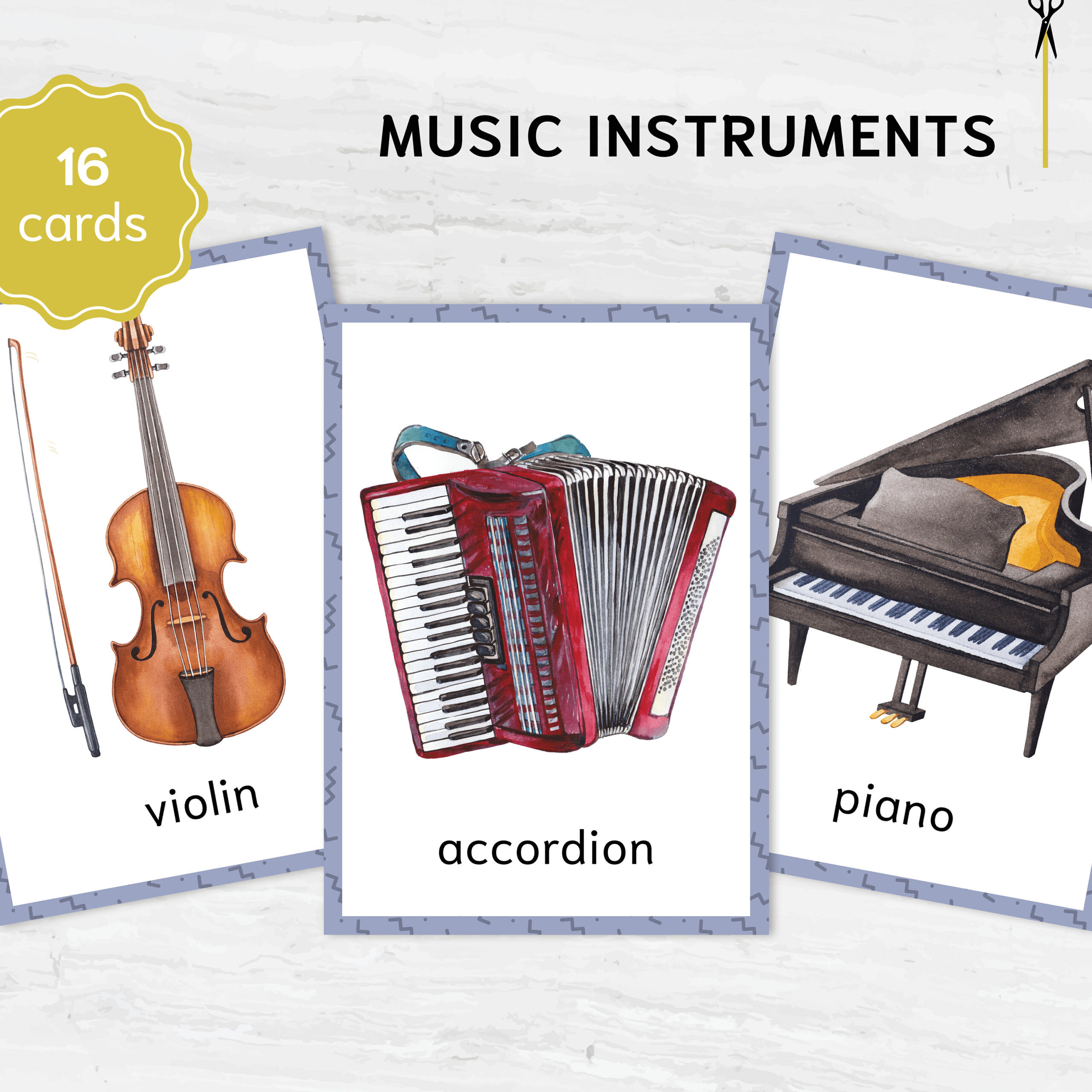 Musical Instruments flashcards. Printable Watercolor Montessori 3 part ...