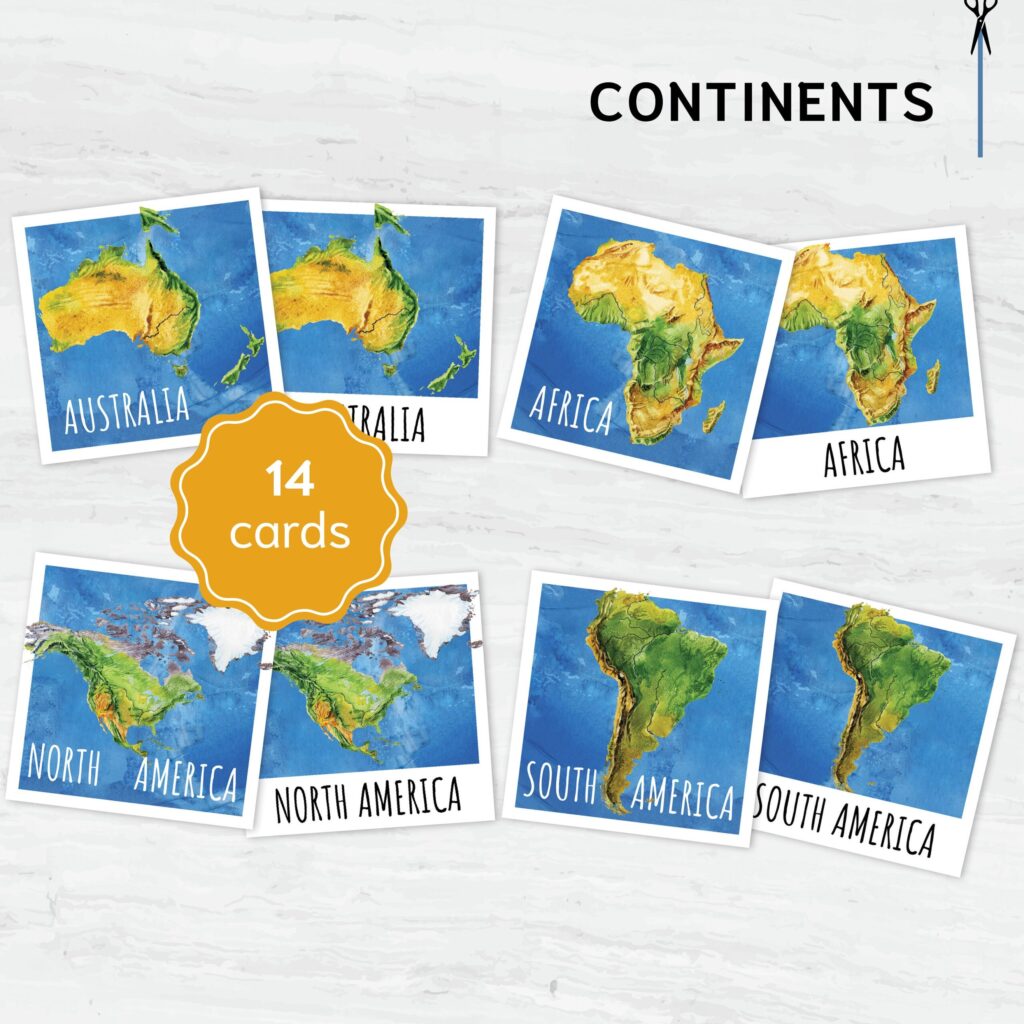 Montessori 7 Continents Flash Cards – Geography Learning for Kids ...